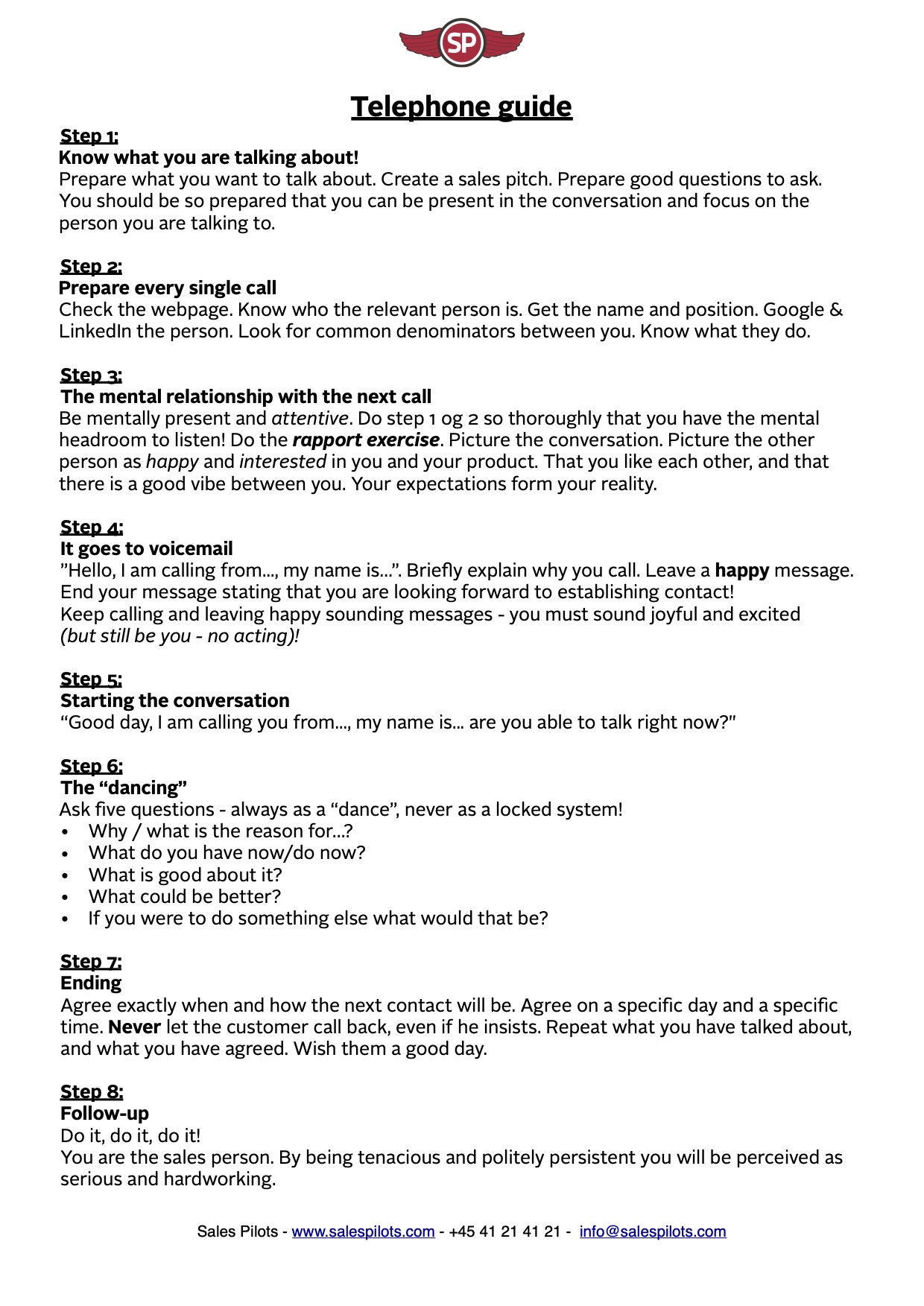 Telephone guide - SalesPilots 8 steps to better calls